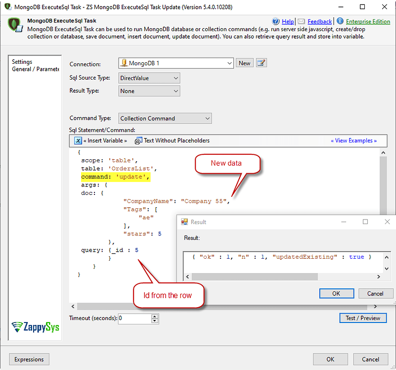 How to insert, update and delete Mongodb data in SSIS - MongoDB - ZappySys Community