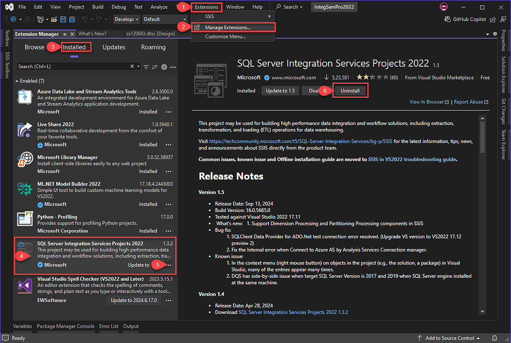 How to uninstall the SQL Server Integration Services (SSIS) from Visual ...